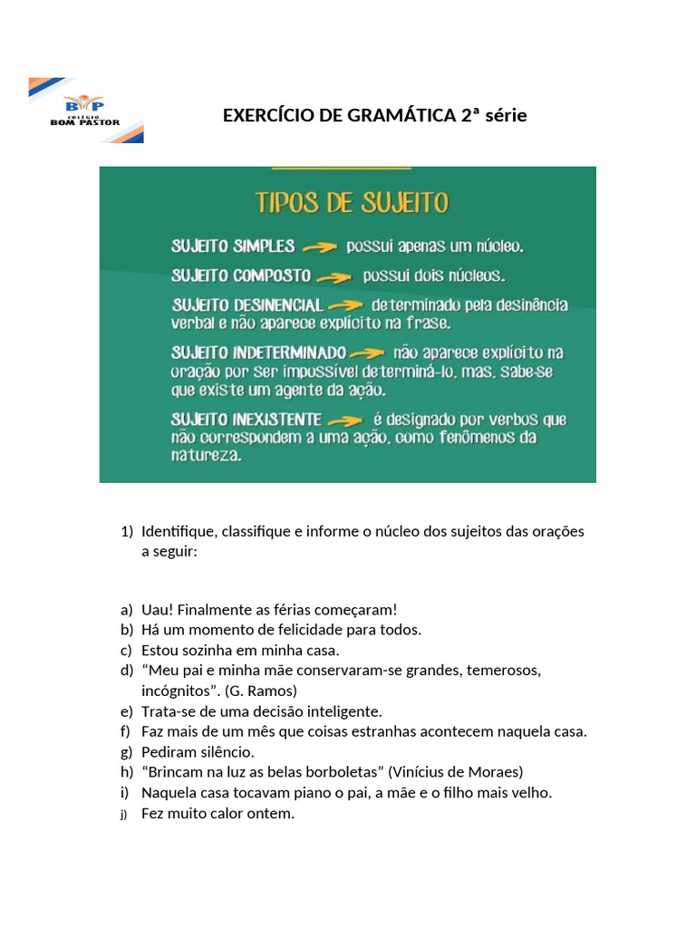 EXERCÍCIO DE GRAMÁTICA 2 Série Sujeito | PDF | Assunto (gramática)