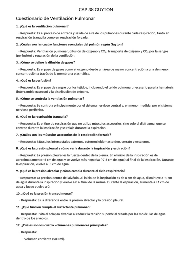 CAP. 38 Cuestionario de Ventilación Pulmonar | PDF | Sistema respiratorio | Respiración