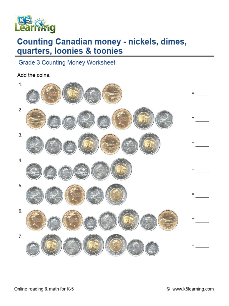 Grade 3 Counting Money Canadian Nickels Dimes Quarters Loonies Toonies ...
