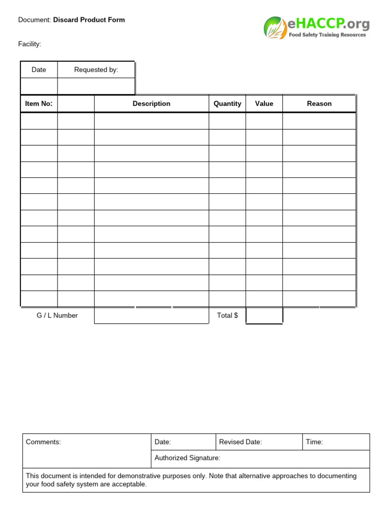 Ehaccp - Discard Product Form | PDF
