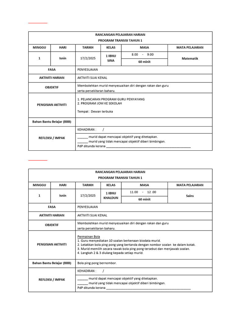 Contoh Dan Panduan RPH Transisi 2025 | PDF