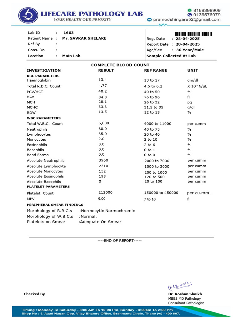 SAVKAR SHELAKE - 28042025 - Report | PDF | C Reactive Protein | White ...