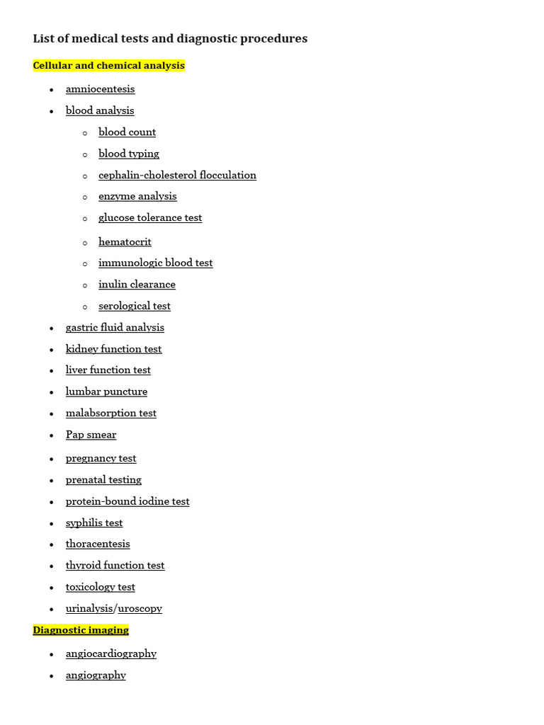 Comprehensive Medical Tests List | PDF