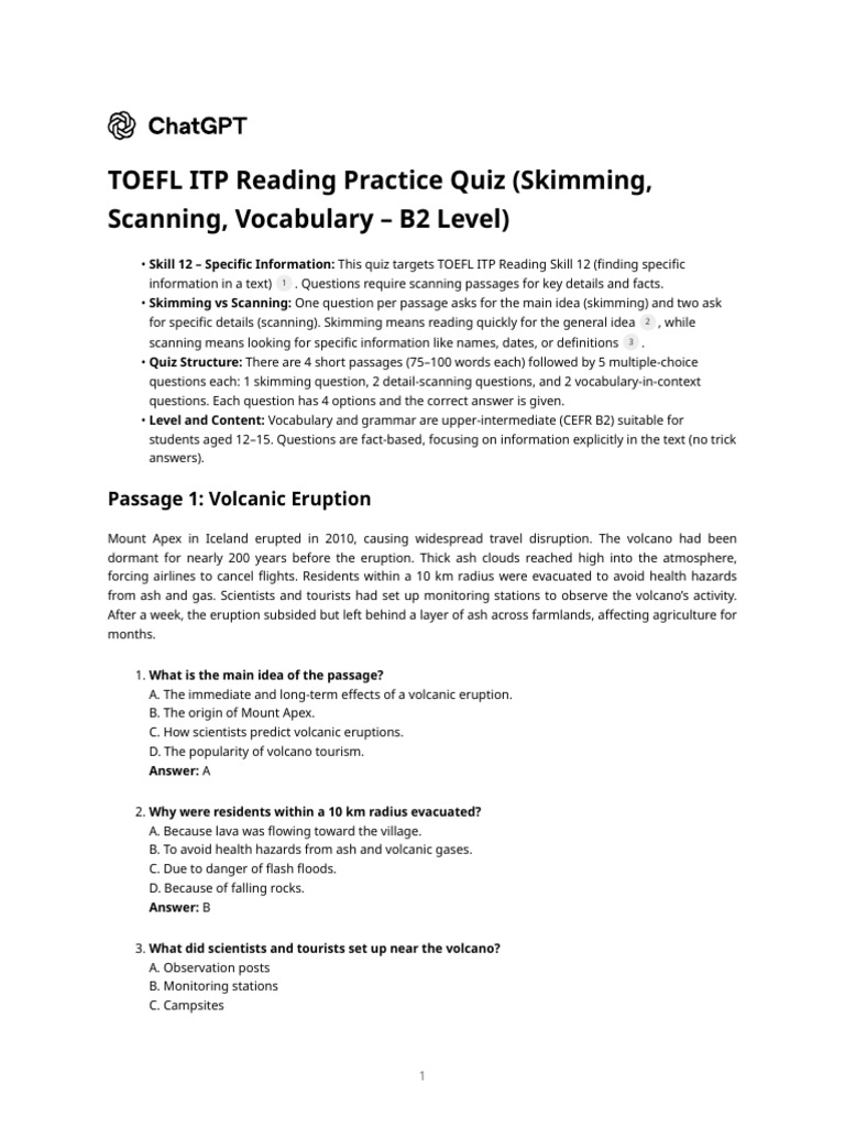 TOEFL ITP Reading Quiz: Skimming & Scanning | PDF | Solar Power | Volcano