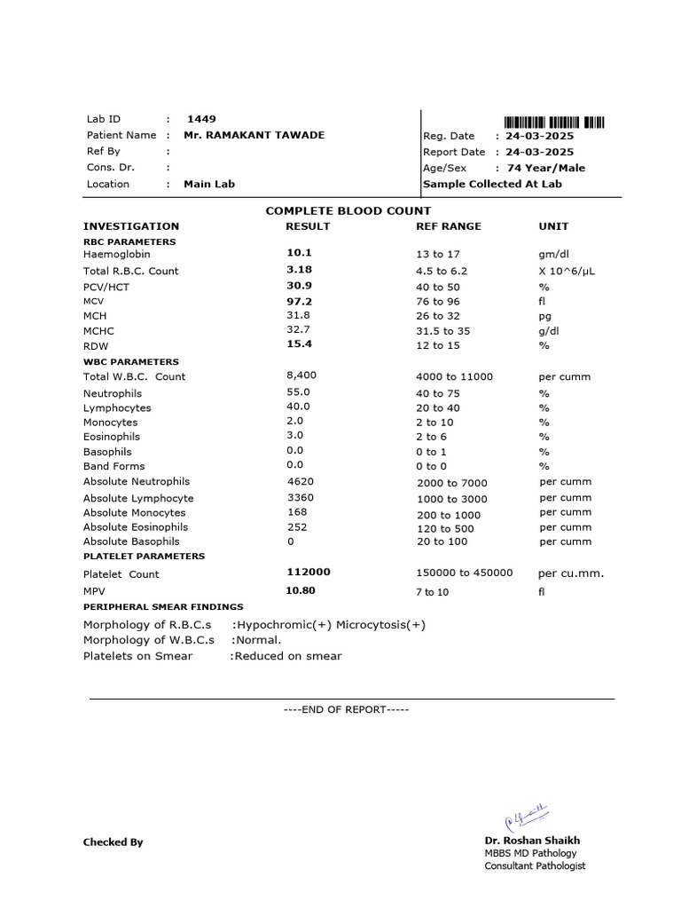 RAMAKANT TAWADE - 24032025 - Report | PDF | White Blood Cell | Medicine