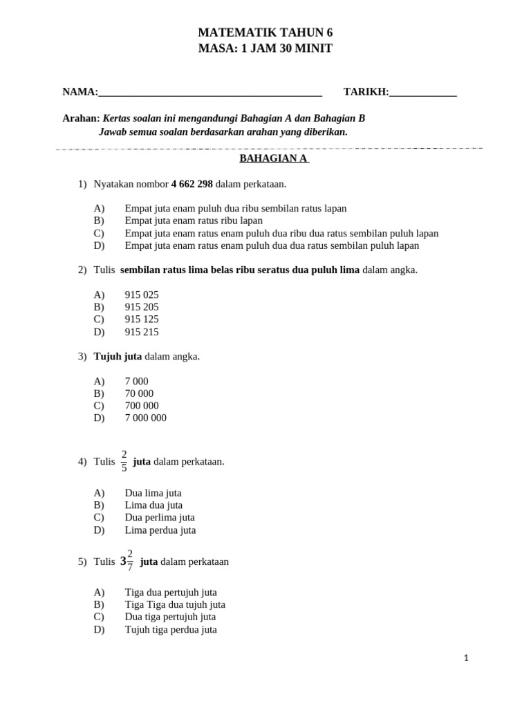 Soalan Mac Matematik Tahun 6 | PDF