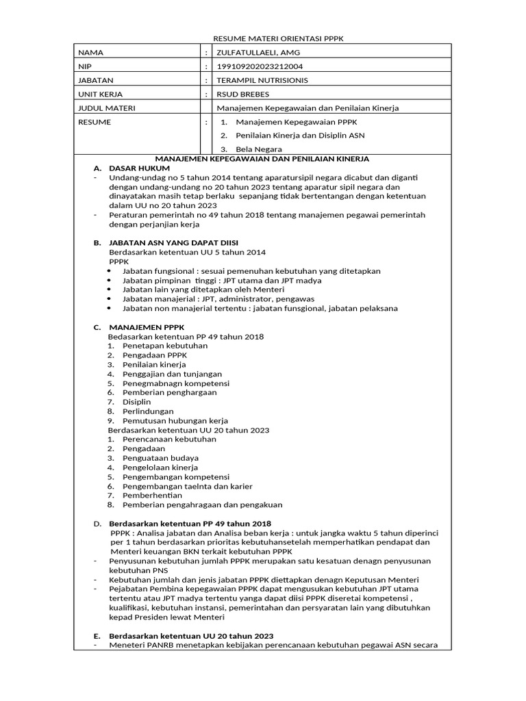 Resume 1 Orientasi PPPK Hari Ke 2 Sesi Ke 1 Zulfa | PDF