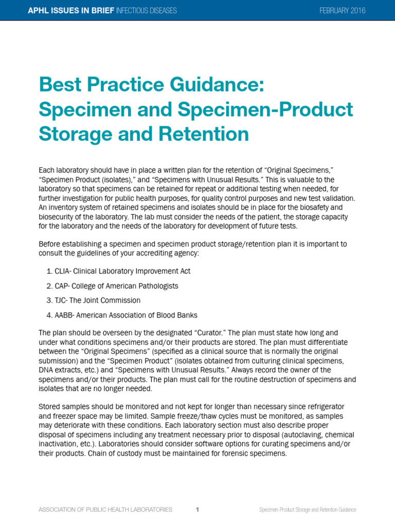 Specimen Storage and Retention Guidelines | PDF | Centers For Disease ...