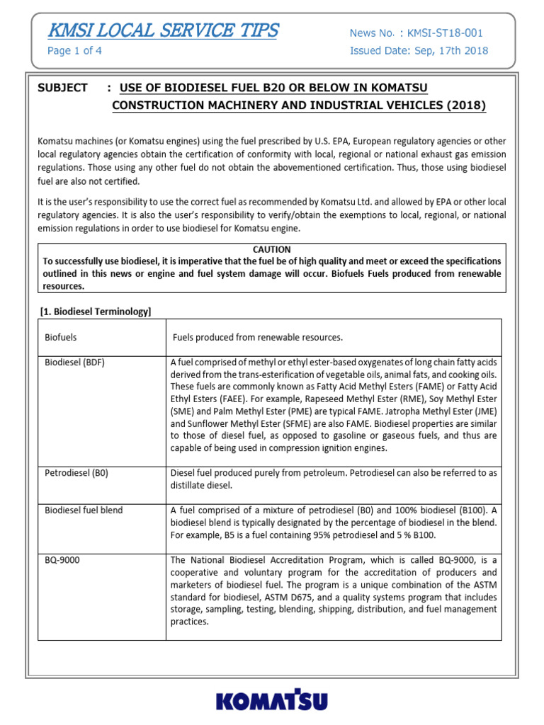 BIODIESEL FUEL B20 KOMATSU For Construction and Industrial Vehicle 2018 ...
