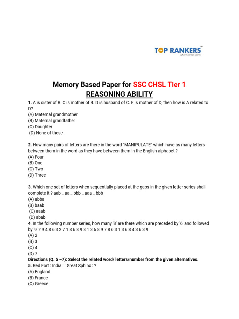 Memory Based Questions for SSC CHSL | PDF