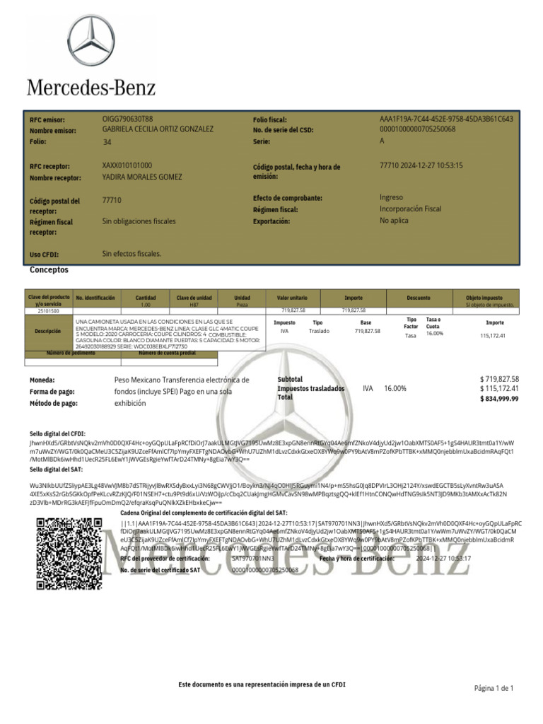 Conceptos: 25101500 1.00 H87 Pieza Sí Objeto de Impuesto. 719,827.58 ...