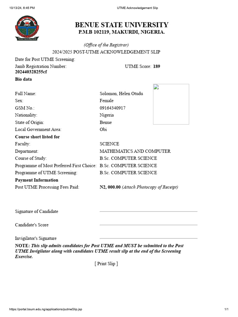 Post UTME Acknowledgement Slip 2024/2025 | PDF