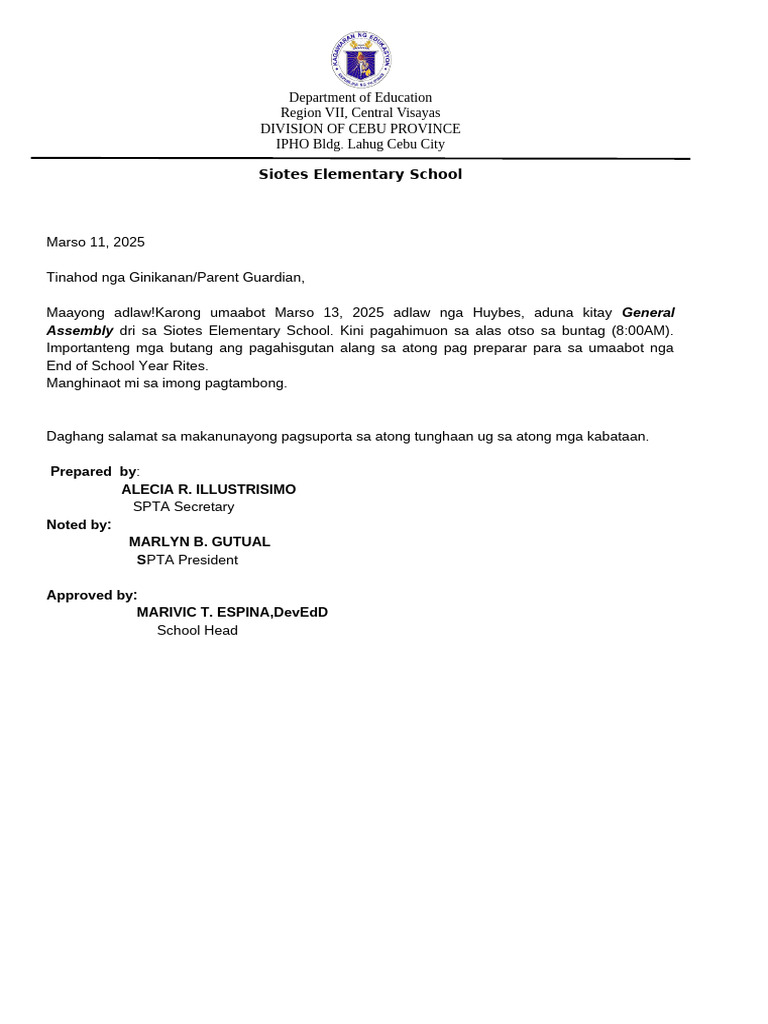 Sulat Pahibalo Gpta Meeting | PDF