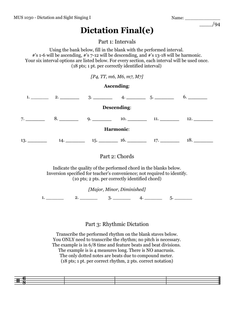 Dictation Final 1030B SP 25 STUDENT - Full Score | PDF | Interval ...