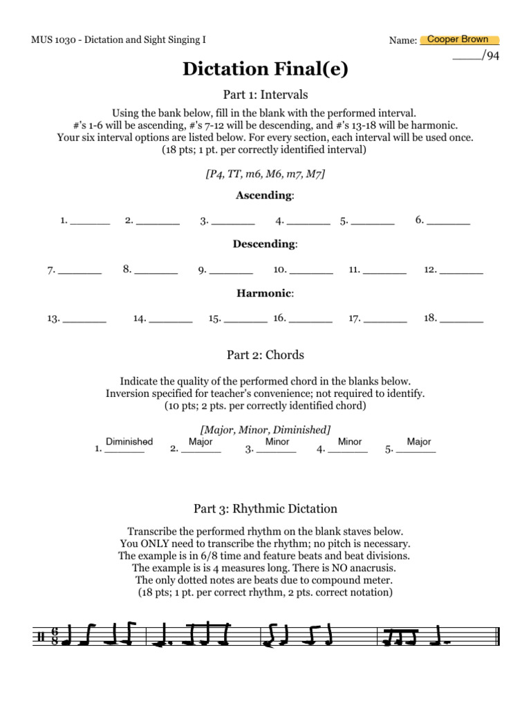 Final Dictation Exam Overview | PDF | Interval (Music) | Musical Notation