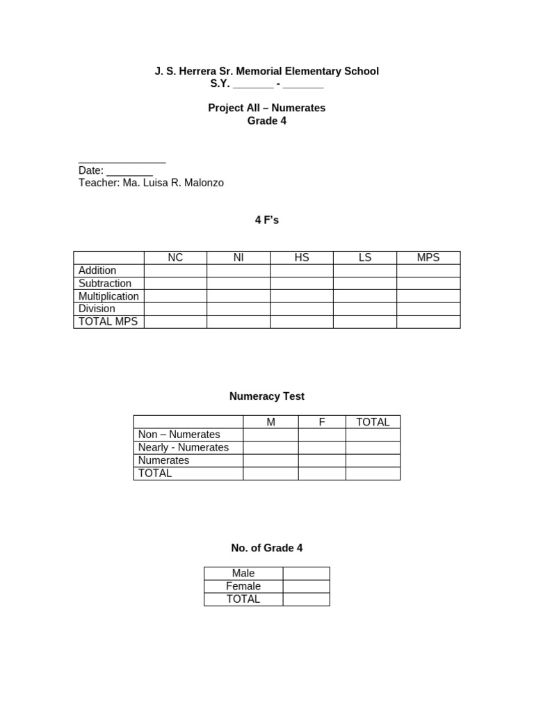 Numeracy Summary Form | PDF