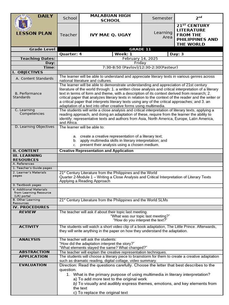 DLP - February 14, 2025 - Creative Representation and Application | PDF | Learning | Multimedia