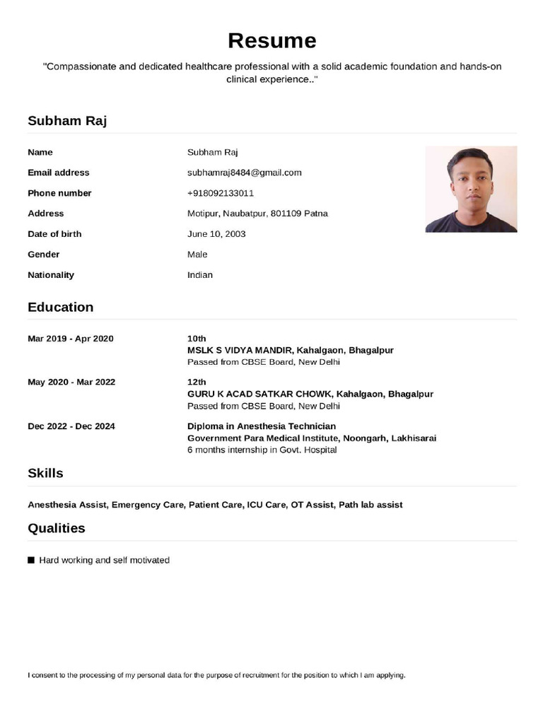 Subham Raj Medical Resume | PDF