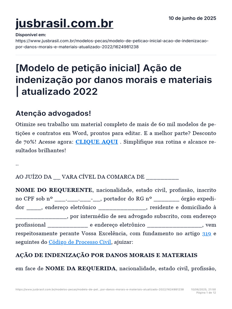 (Modelo de Petição Inicial) Ação de Indenização Por Danos Morais e ...