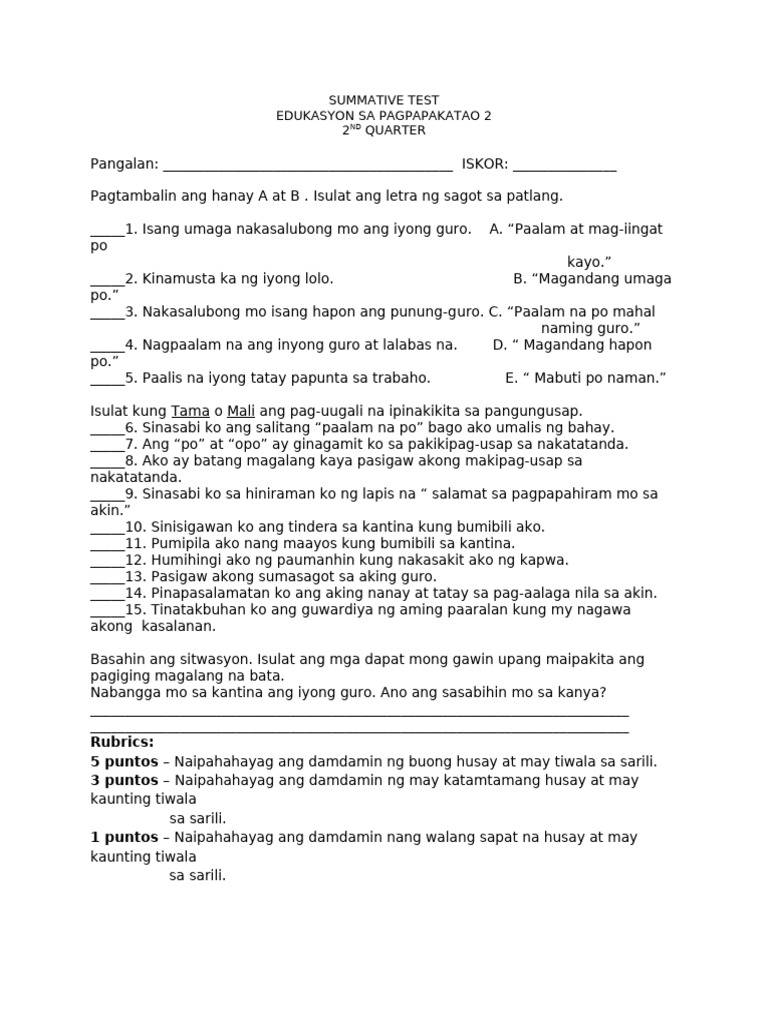 Summative Test Esp 2 | PDF
