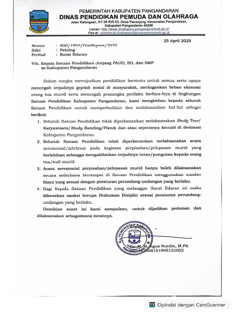 Edaran Tentang Study Tour Dan Perpisahan | PDF