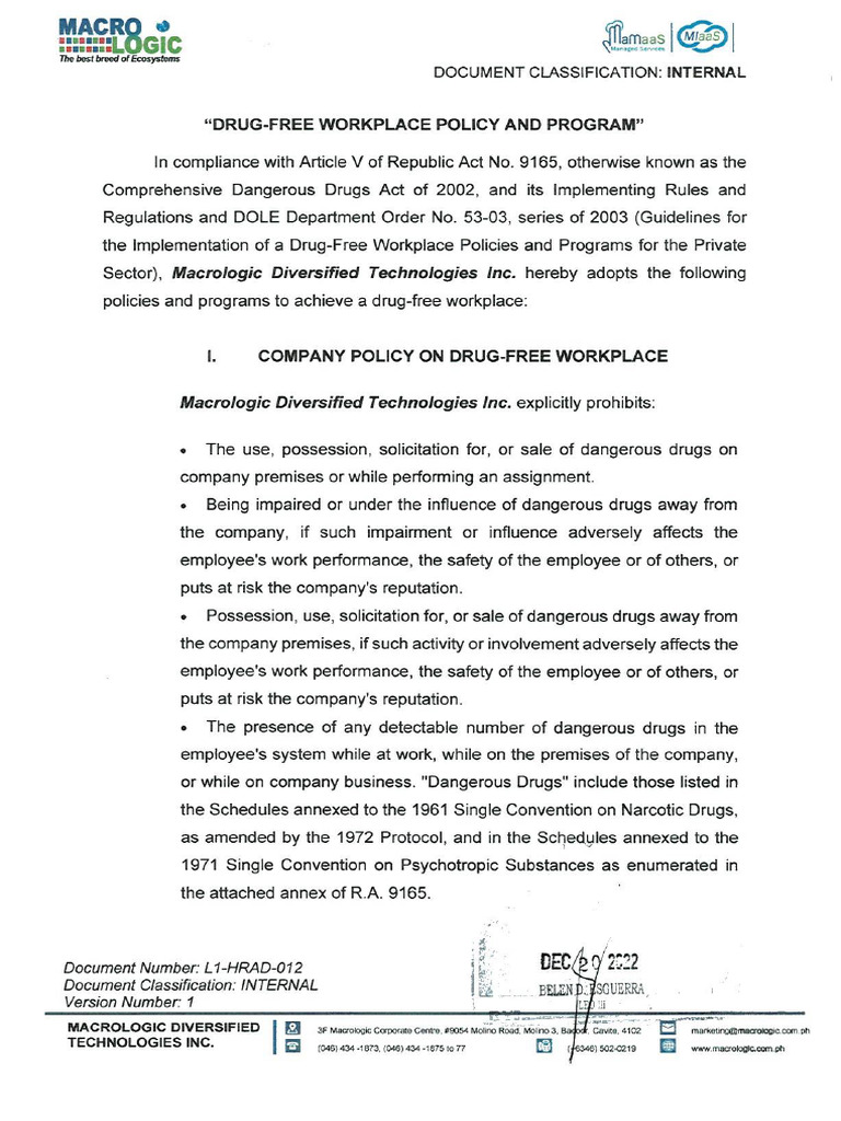 L1-HRD-012 Drug-Free Workplace Policy and Program | PDF