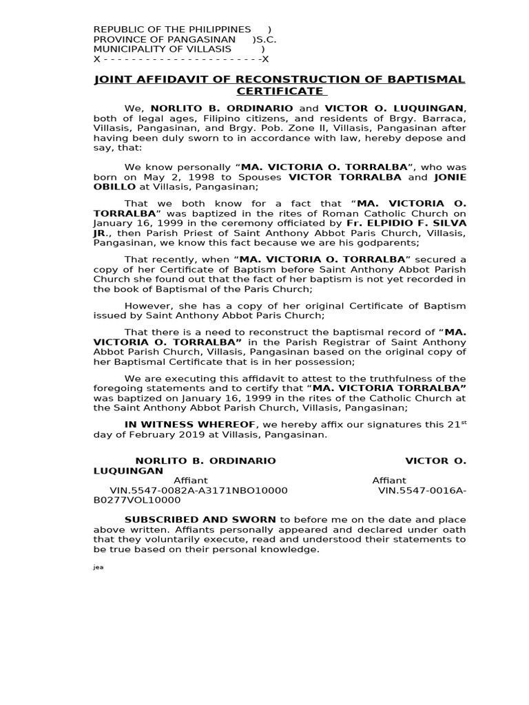 Joint Affidavit of Reconstruction of Baptismal | PDF | Affidavit