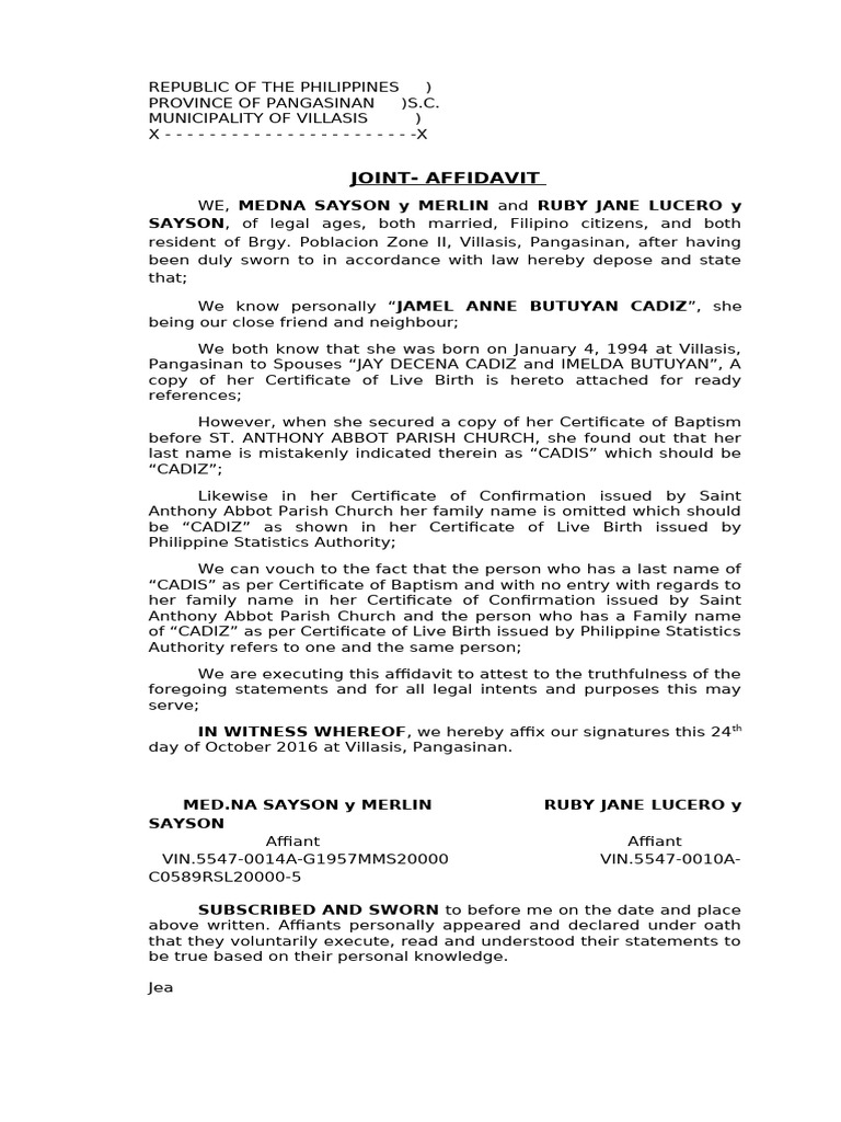 Joint Affidavit of Discrepancy Cadiz20163 | PDF | Affidavit | Legal ...