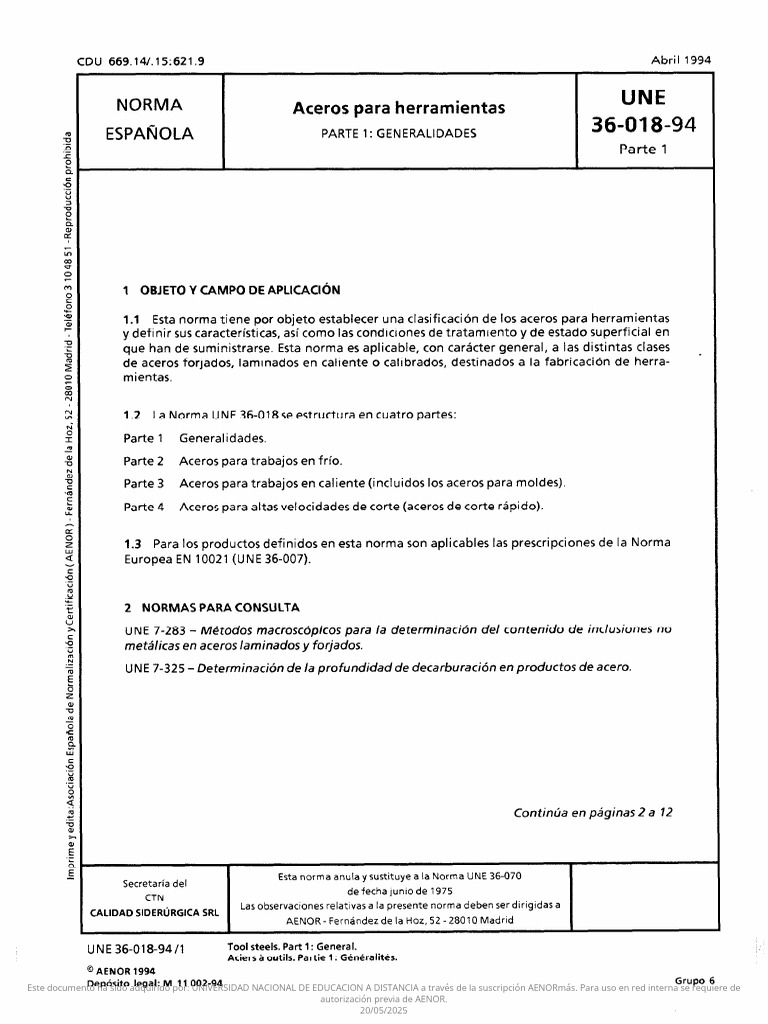 Une 36018-1 1994 | PDF | Acero | Laminado (metalmecánica)