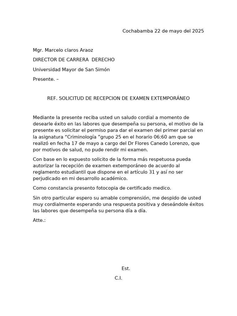 Solicitud de Examen Extemporáneo en Derecho | PDF