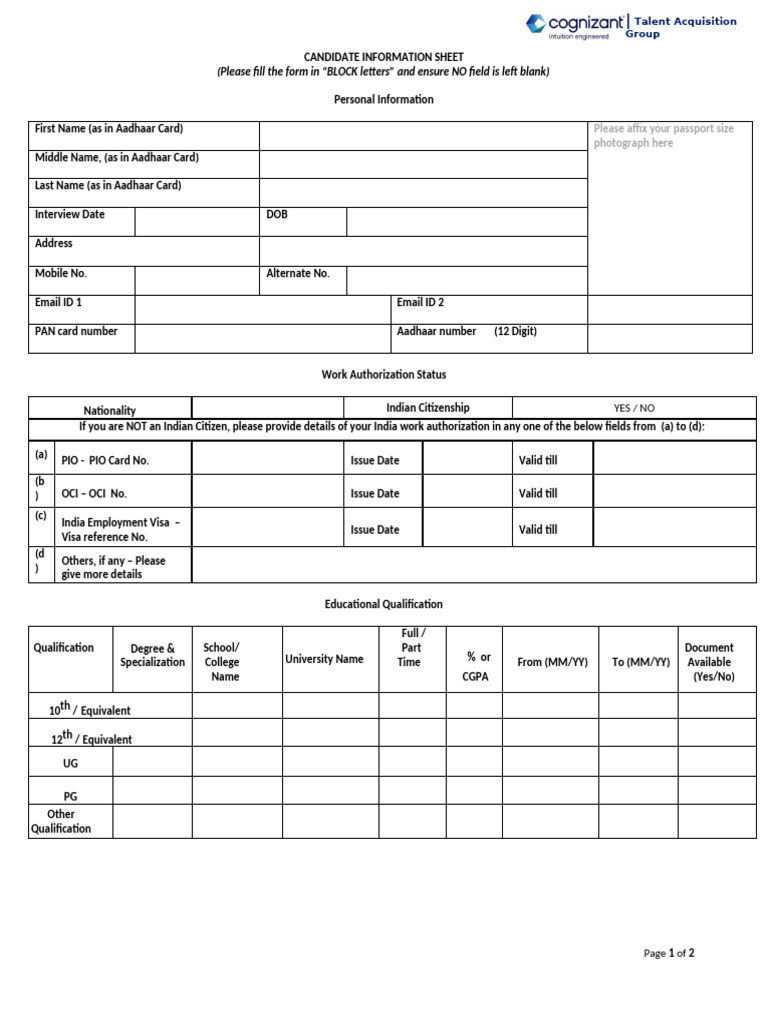 Candidate Information Sheet - Cognizant 2023 | PDF | Government And ...