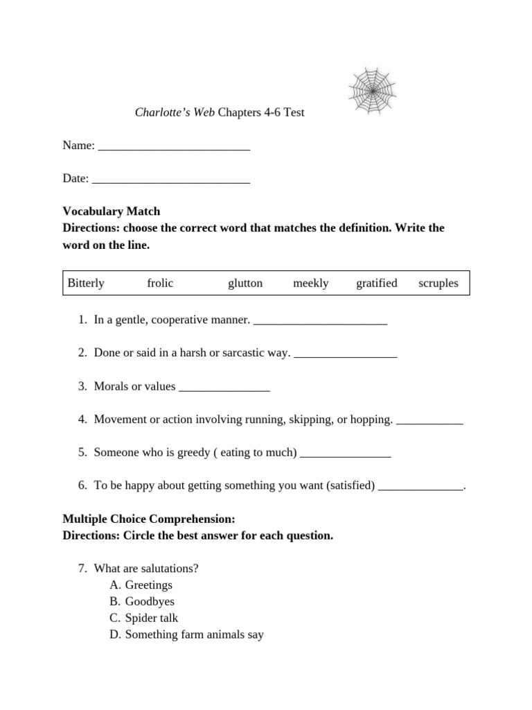 Charlotte's Web Chapters 4-6 Test | PDF