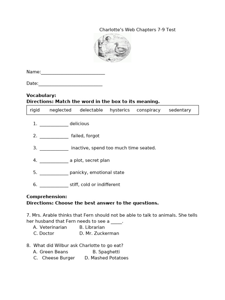 Charlotte's Web Chapters 7-9 Test | PDF