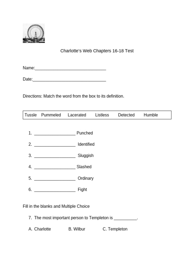 Charlotte's Web Chapters 16-18 Test | PDF