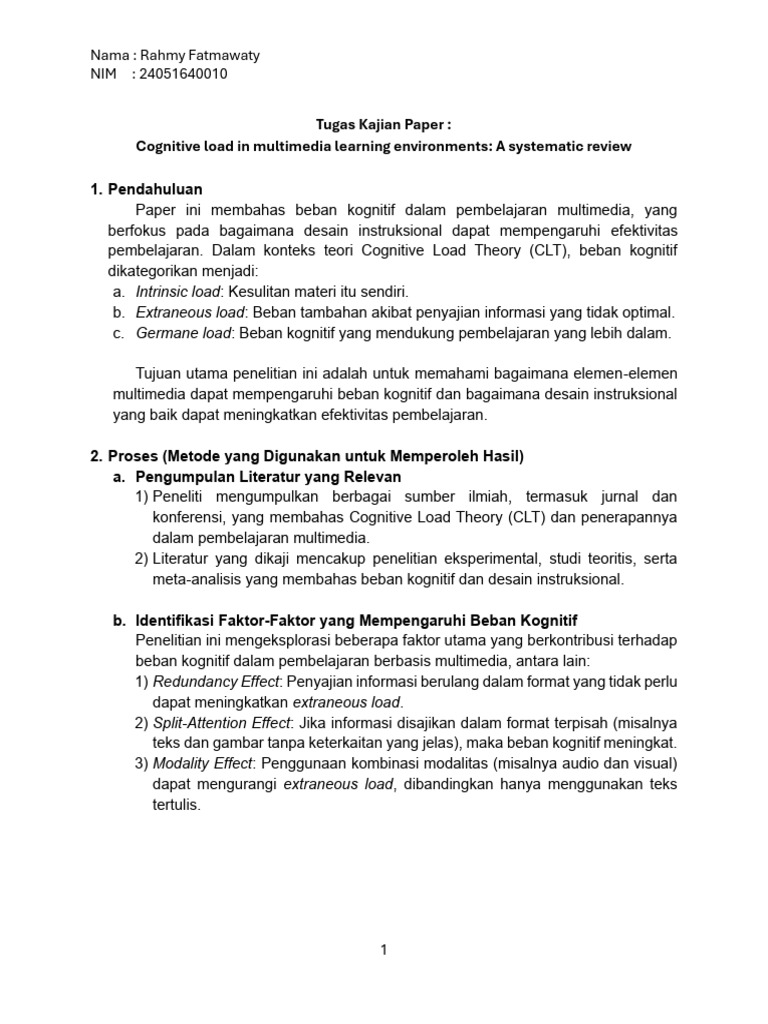 Tugas Kajian Paper - Cognitive Load in Multimedia Learning Environment ...