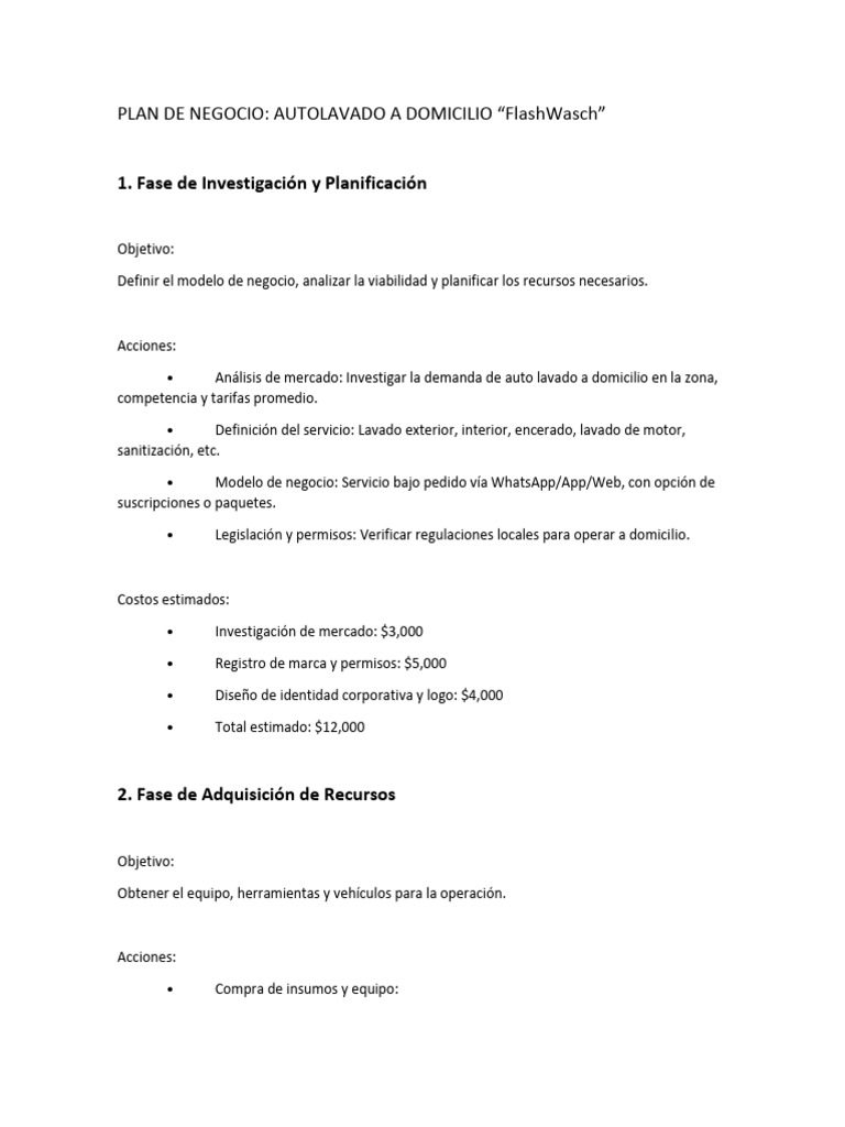 Plan de Negocio Auto Lavado | PDF | Plan de negocios | Economias