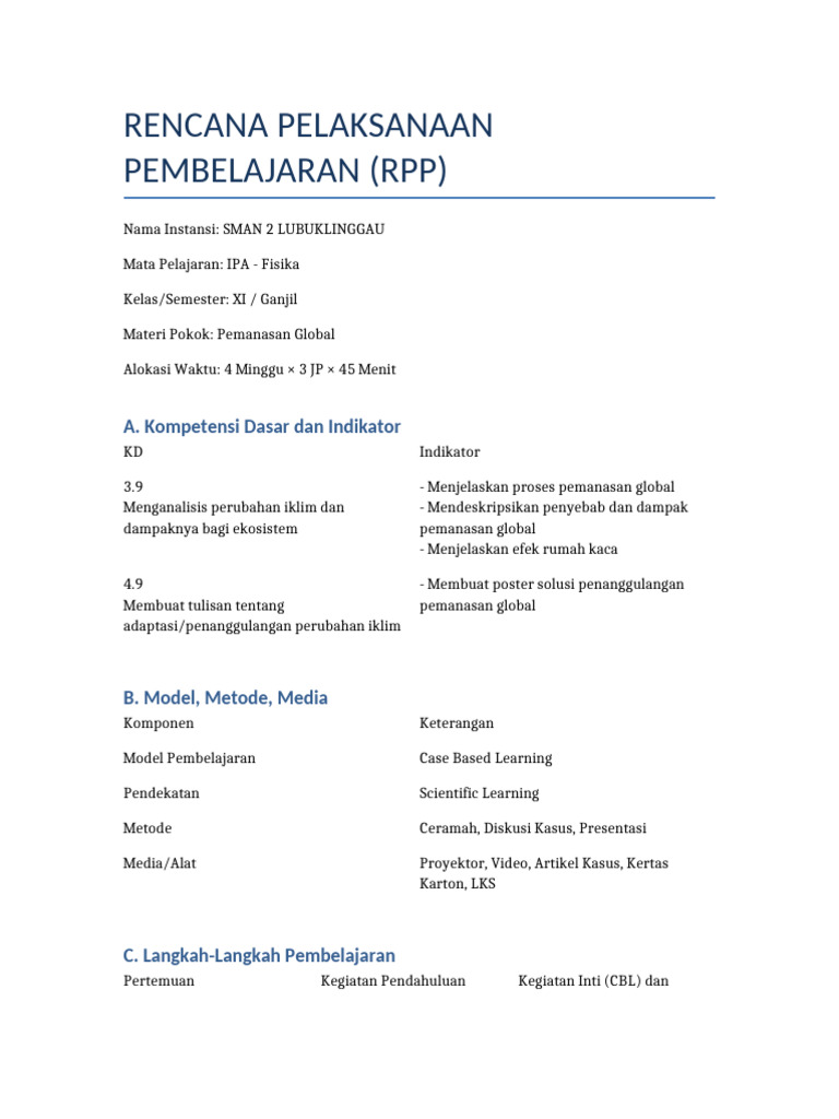 RPP Case Based Learning Pemanasan Global | PDF