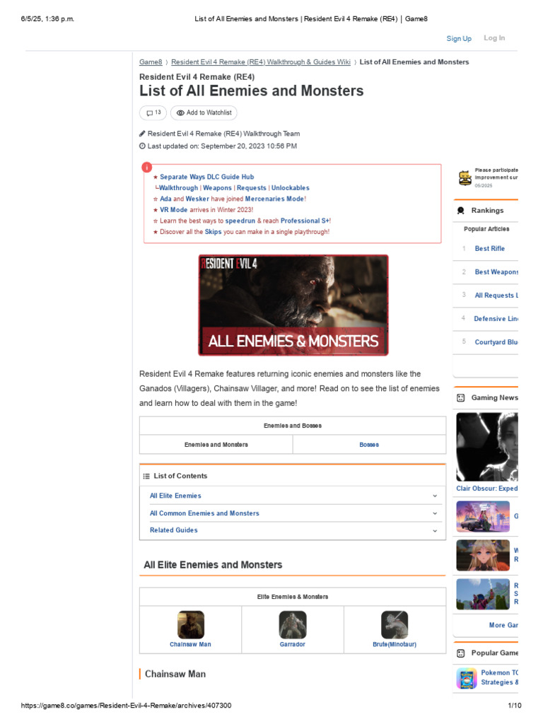 List of All Enemies and Monsters - Resident Evil 4 Remake (RE4) Game8 ...