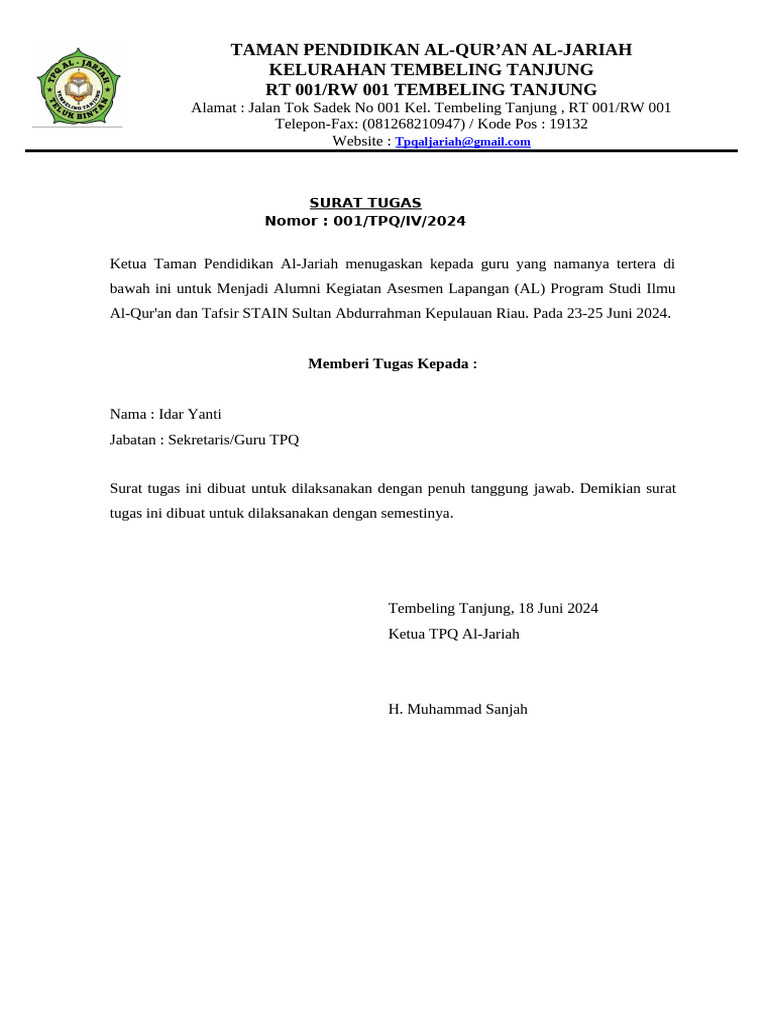 Surat Tugas Idar Yanti | PDF