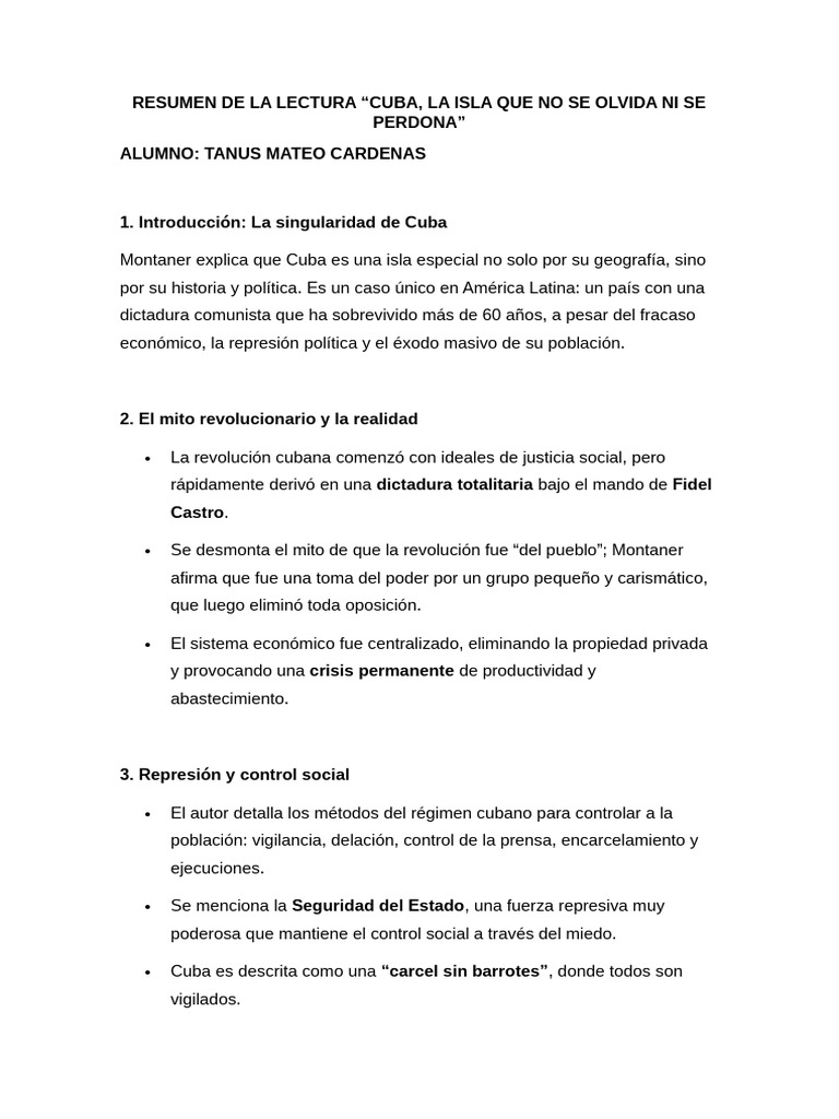 Resumen Lectura Cuba, La Isla Que No Se Olvida Ni Se Perdona | PDF ...