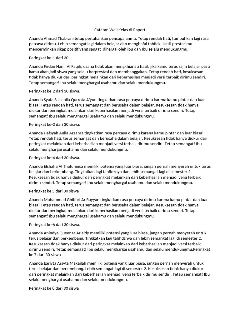 Catatan Wali Kelas Di Raport | PDF