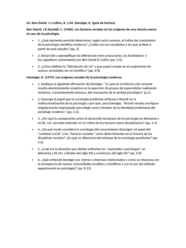 Ben-David, J y Collins, R. y 04. Danziger, K. (Guía de Lectura) | PDF
