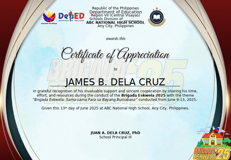 Recognition Certificate for Brigada Eskwela 2025 | PDF