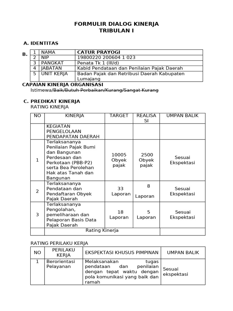 Formulir Dialog Kinerja Tribulan 1 Catur Prayogi | PDF