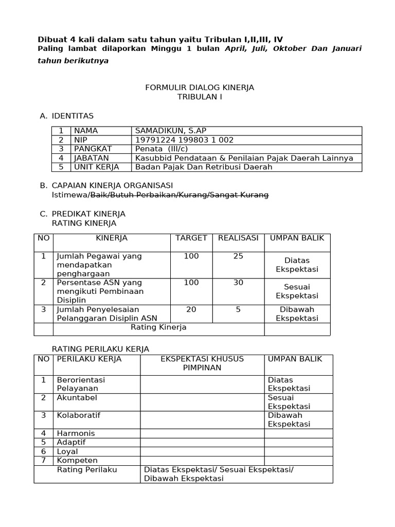 Formulir Dialog Kinerja Samadikun Tribulan 1 | PDF