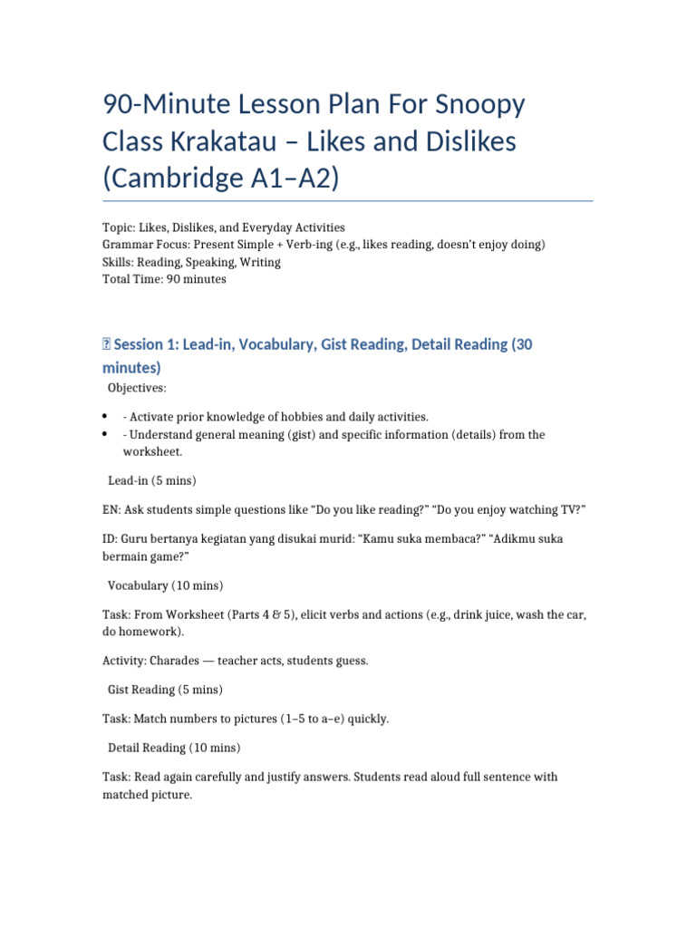90-Minute Lesson Plan: Likes & Dislikes | PDF | Cognition | Learning