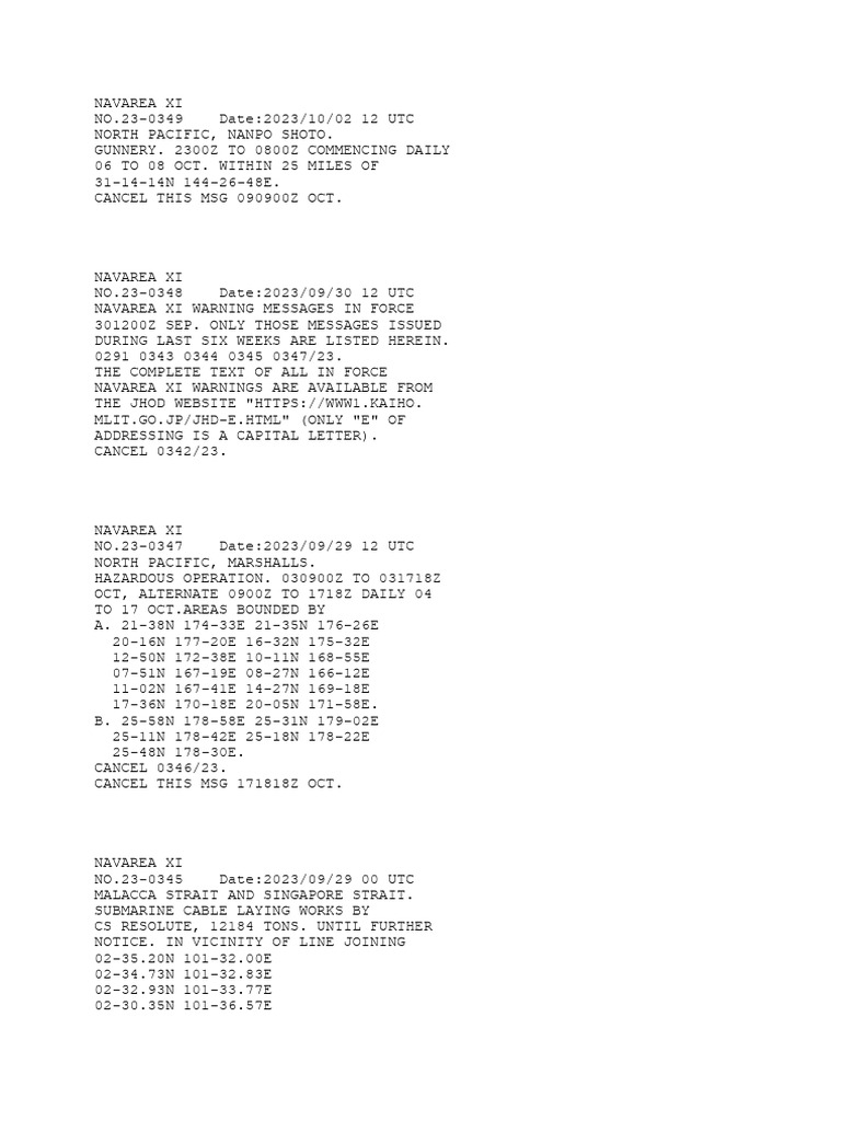 Navarea Xi Navtex Warnings | PDF | Watercraft | Warships