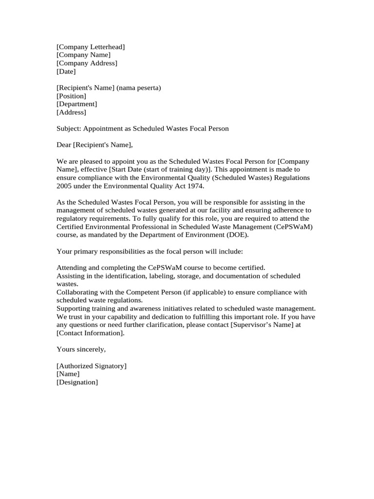 Appointment as Scheduled Wastes Focal Person | PDF