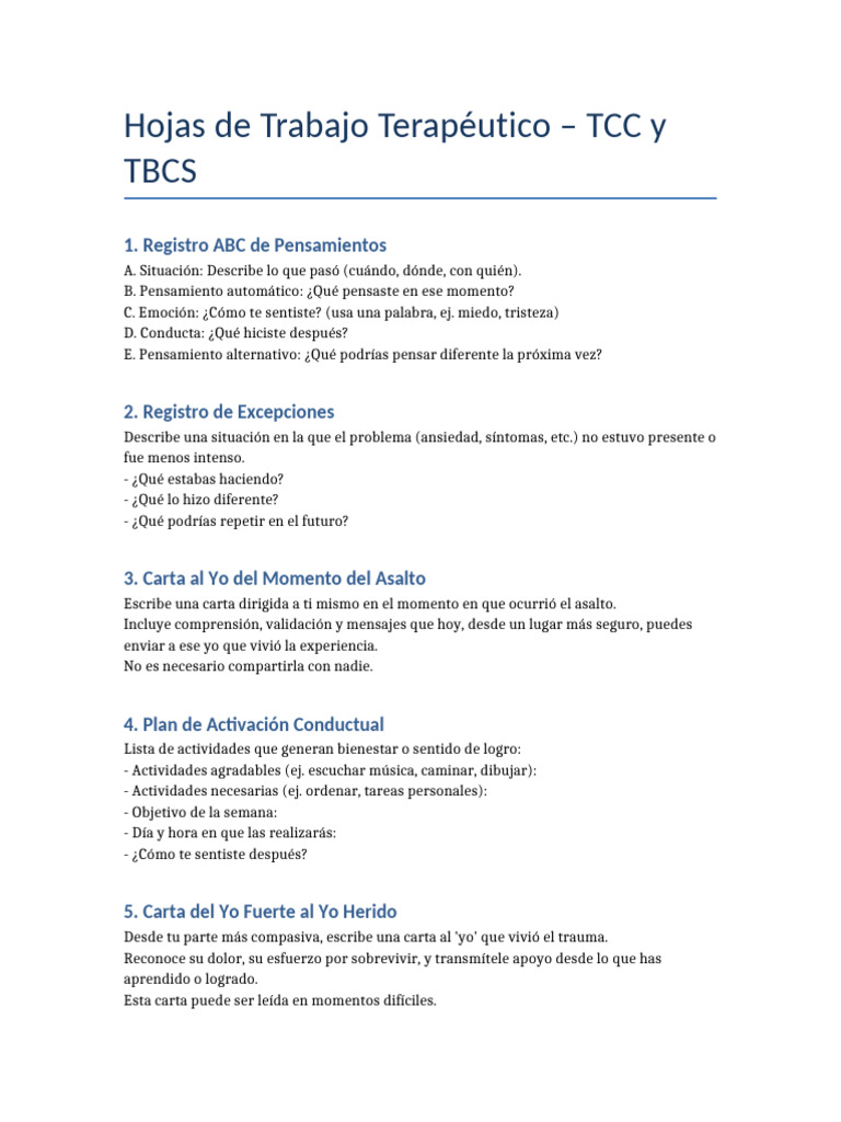 Hojas Trabajo Terapia TCC TBCS | PDF