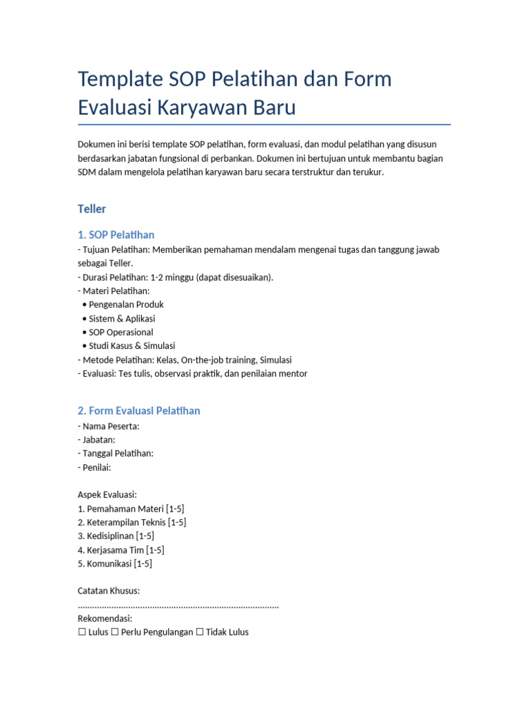 Template SOP Pelatihan Karyawan Bank | PDF